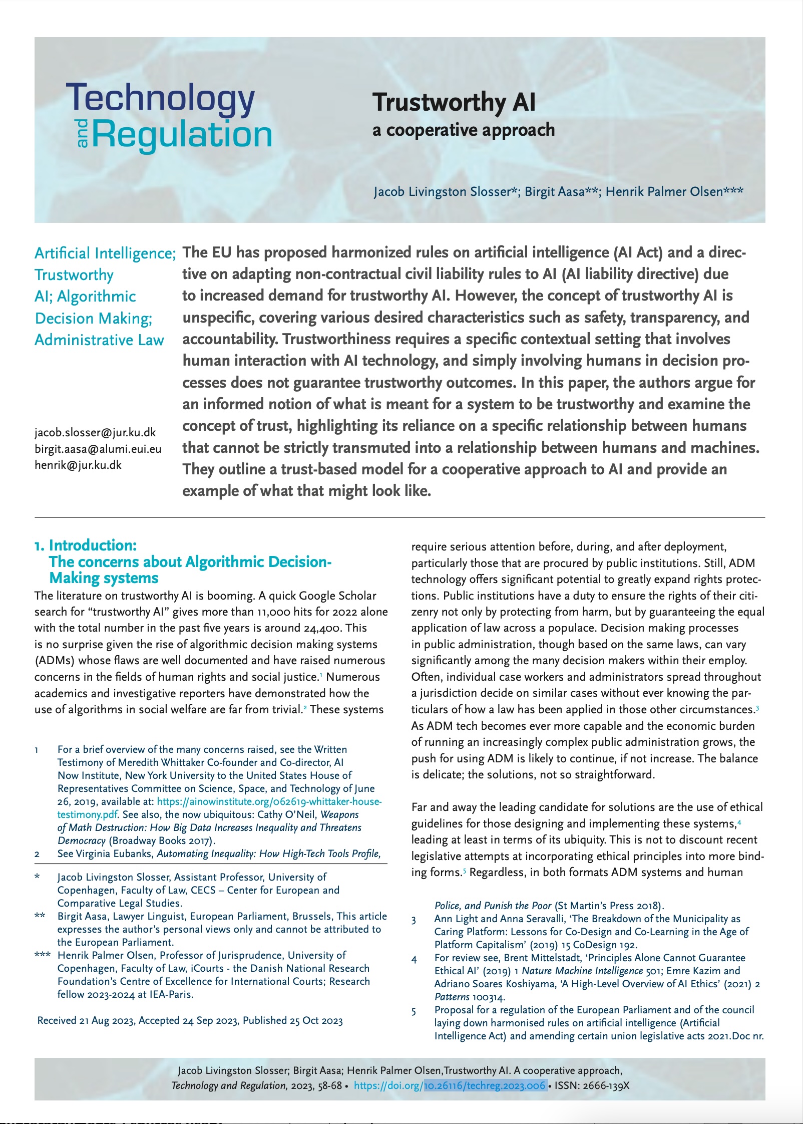 Trustworthy AI: a cooperative approach | Technology and Regulation